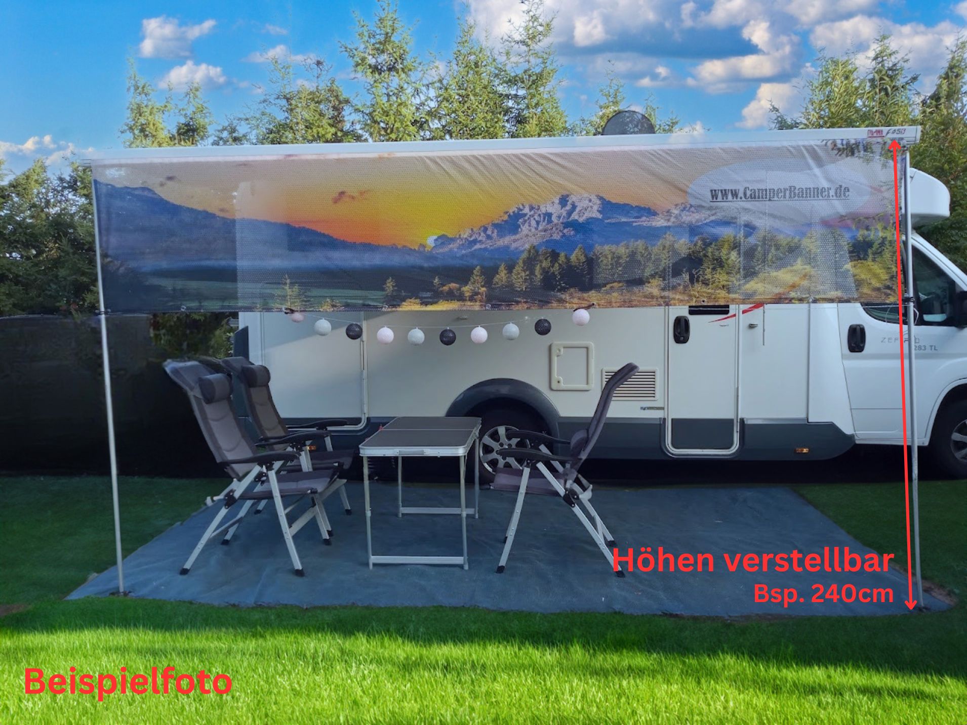 Motorhome banner front banner above mountains lake glacier