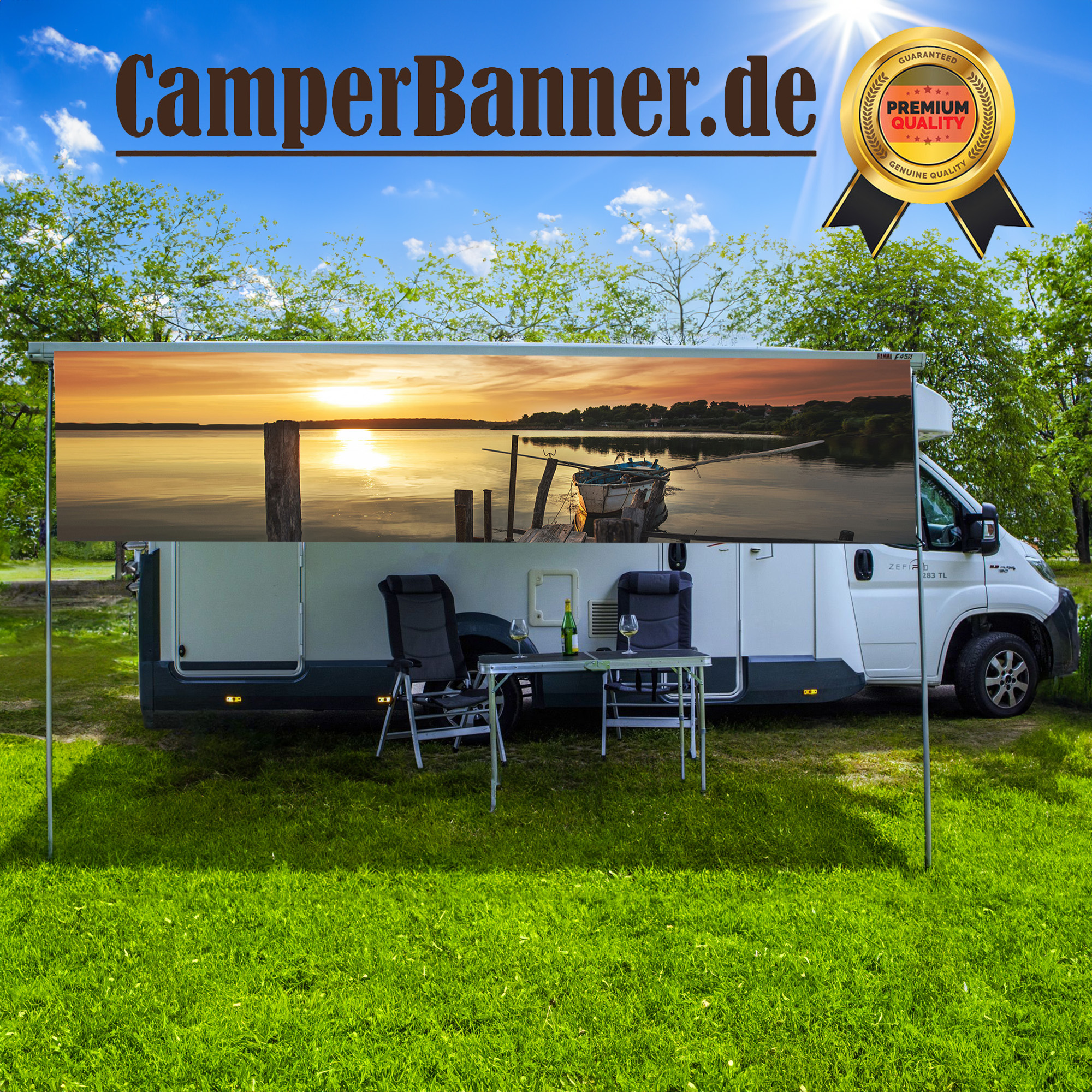 Motorhome banner front banner above sunset boat jetty